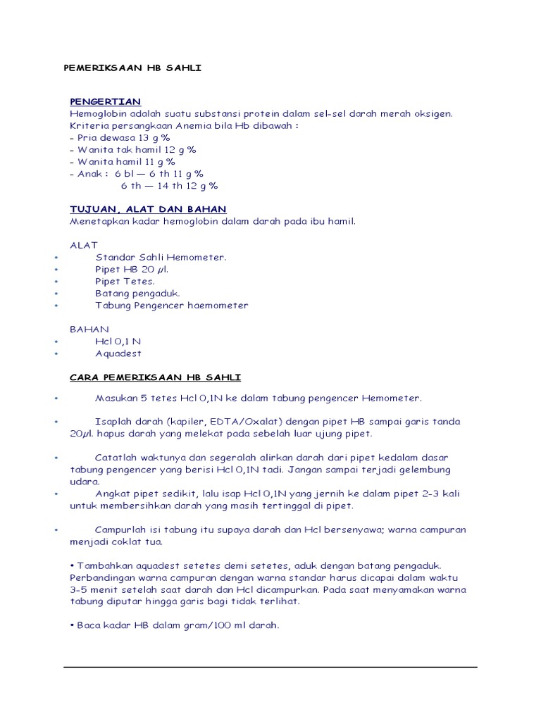 Pemeriksaan Hemoglobin Metode Sahli | PDF | Kesehatan Holistik