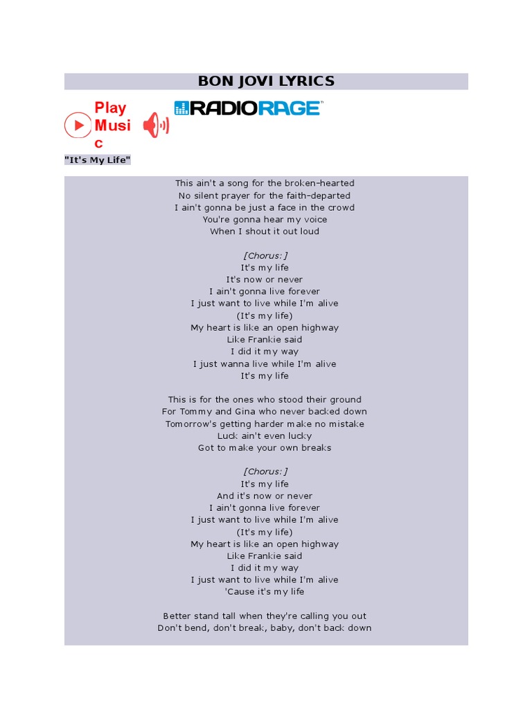 Bon Jovi Lyrics | PDF | Singles | Songs