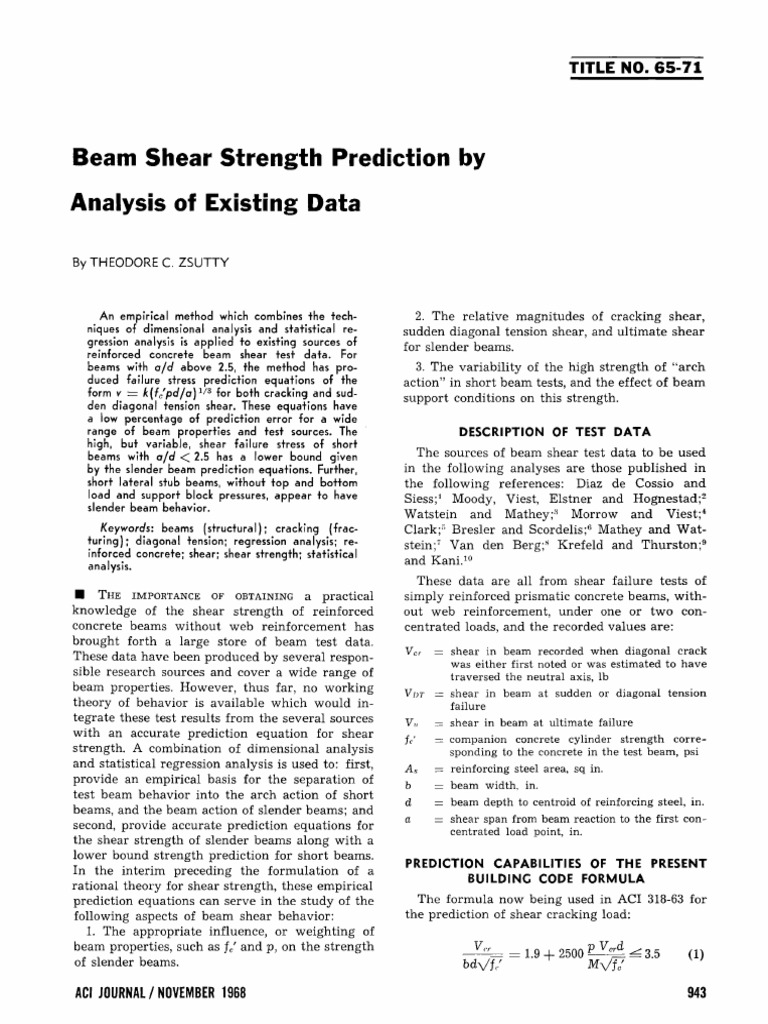 ZSUTTY, Theodore C. (1968) - Beam Shear Strength Prediction by Analysis of Existing Data | PDF ...