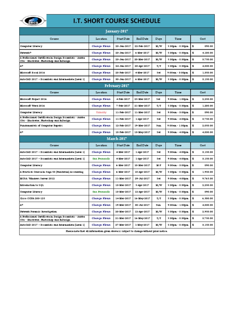 I.T. Short Course Schedule: January-2017 | PDF | Adobe In Design ...