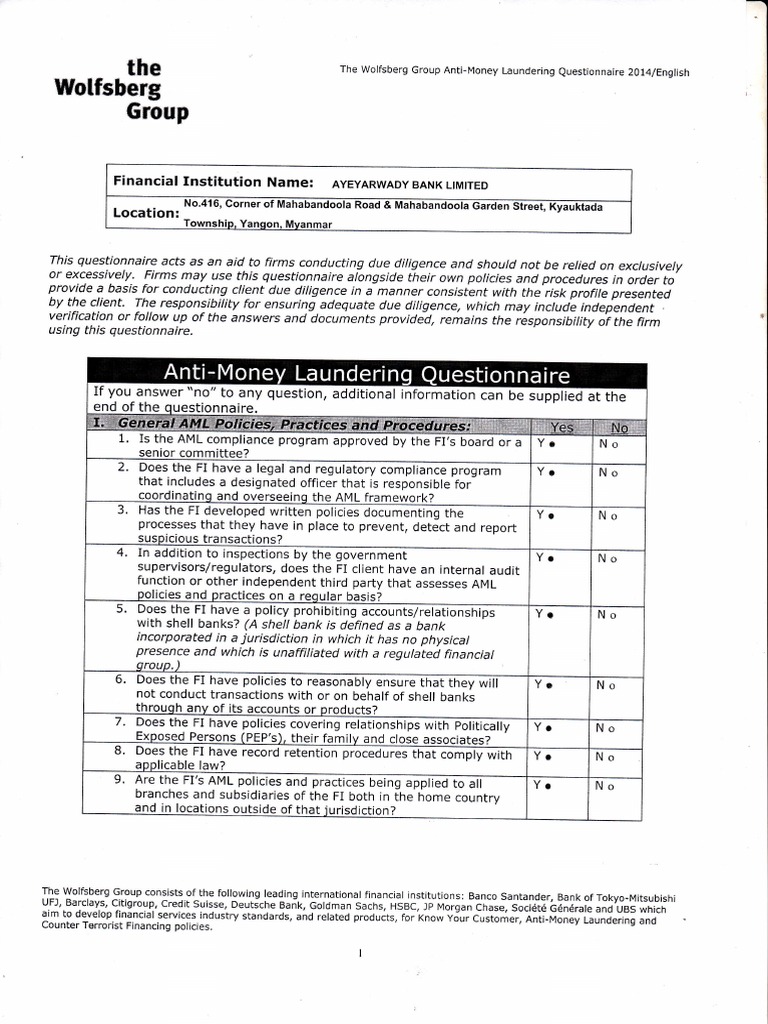 WOLFSBERG AML Questionnaire 15.11.2016 | PDF | Money Laundering ...