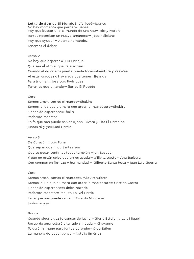 Letra de Somos El MundoEl Día Llegó | PDF | Musica en español | Amor