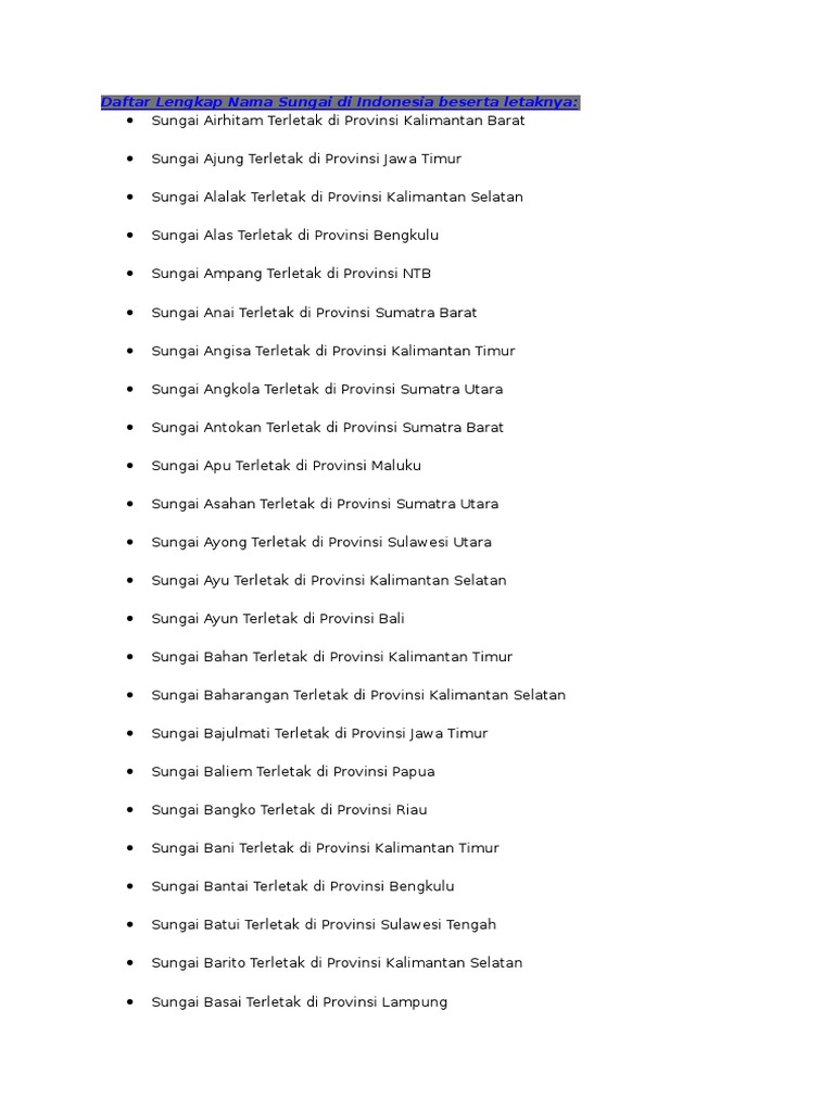 Daftar Lengkap Nama Sungai Di Indonesia Beserta Letaknya | PDF