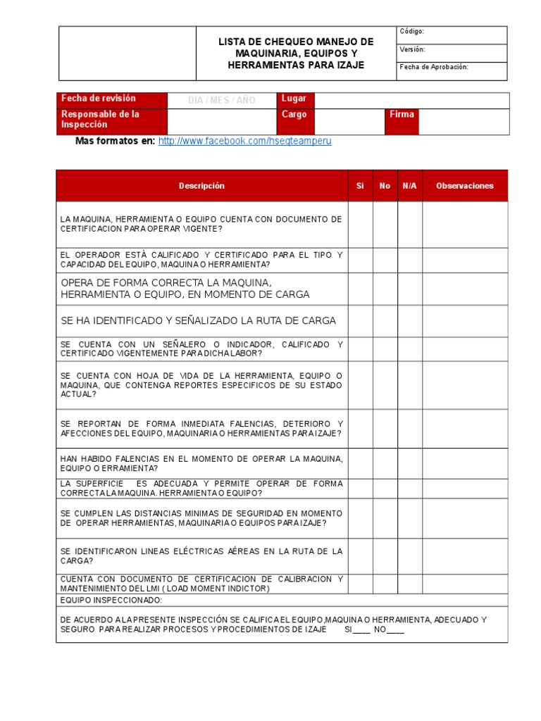 Lista de Chequeo de Manejo de Maquinaria, Equipo, y Herramientas de Izaje