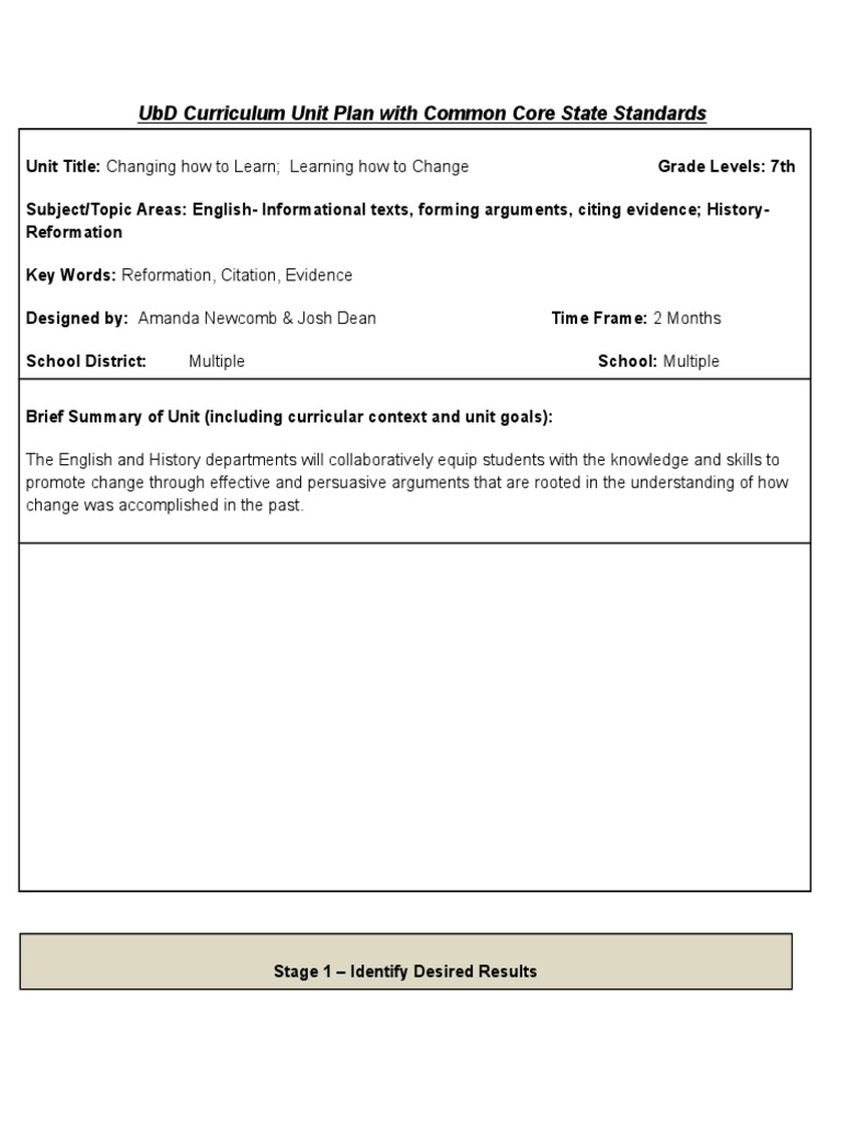 Ubd Curriculum Unit Plan With Common Core State Standards | Download ...