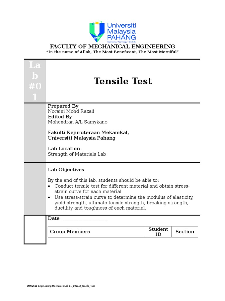 1 Tensile Test | PDF | Deformation (Engineering) | Ultimate Tensile ...