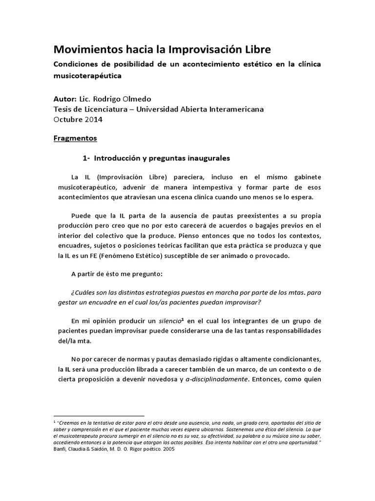 Movimientos Hacia La Improvisación Libre - Olmedo PDF | PDF | Paradigma | Subjetividad