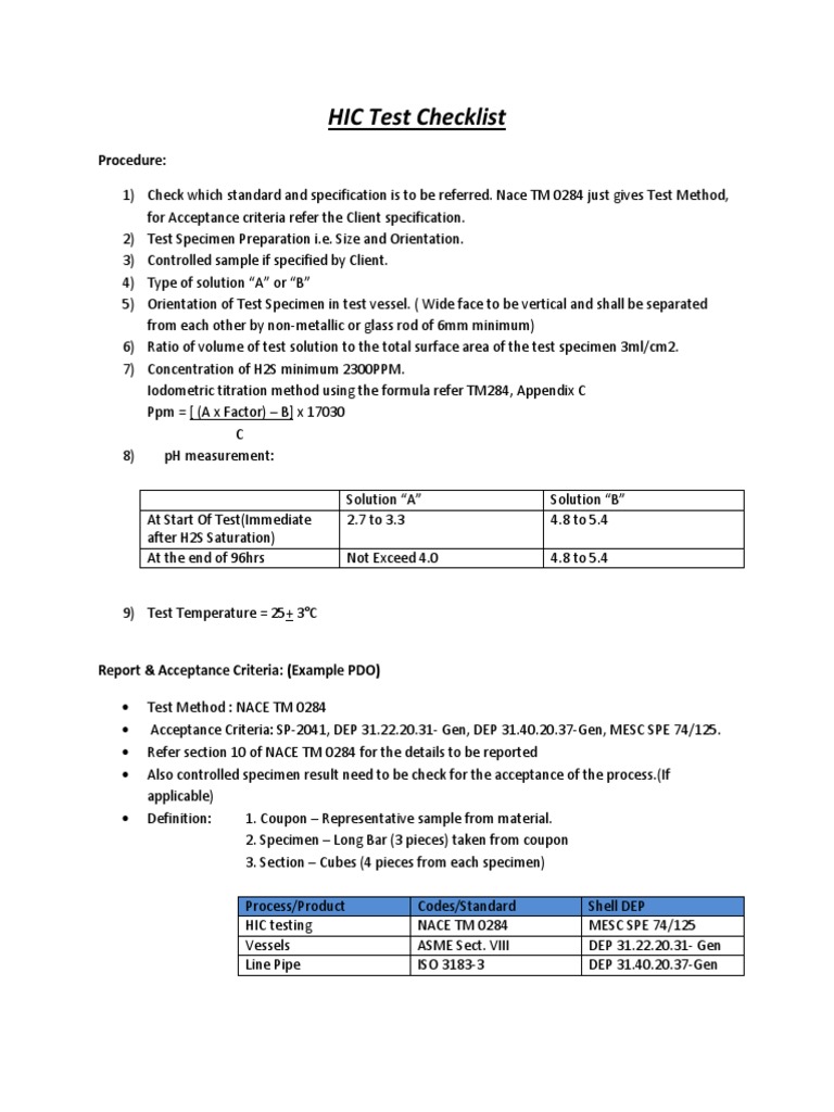 HIC Test Checklist | Chemistry | Applied And Interdisciplinary Physics