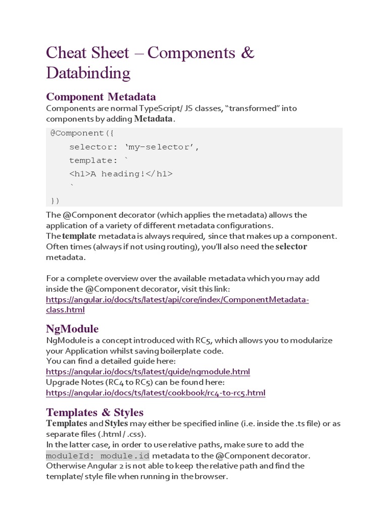 Cheat Sheet - Components & Databinding: Component Metadata | PDF ...