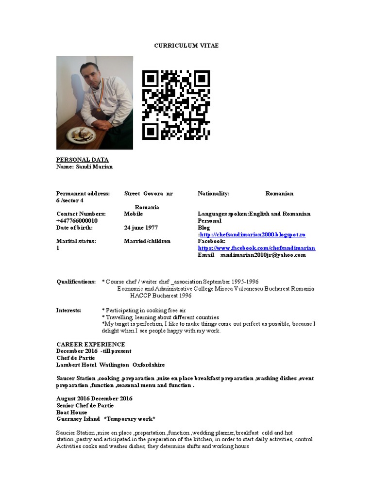 Sandi Marian Chef CV | PDF | Chef | Menu
