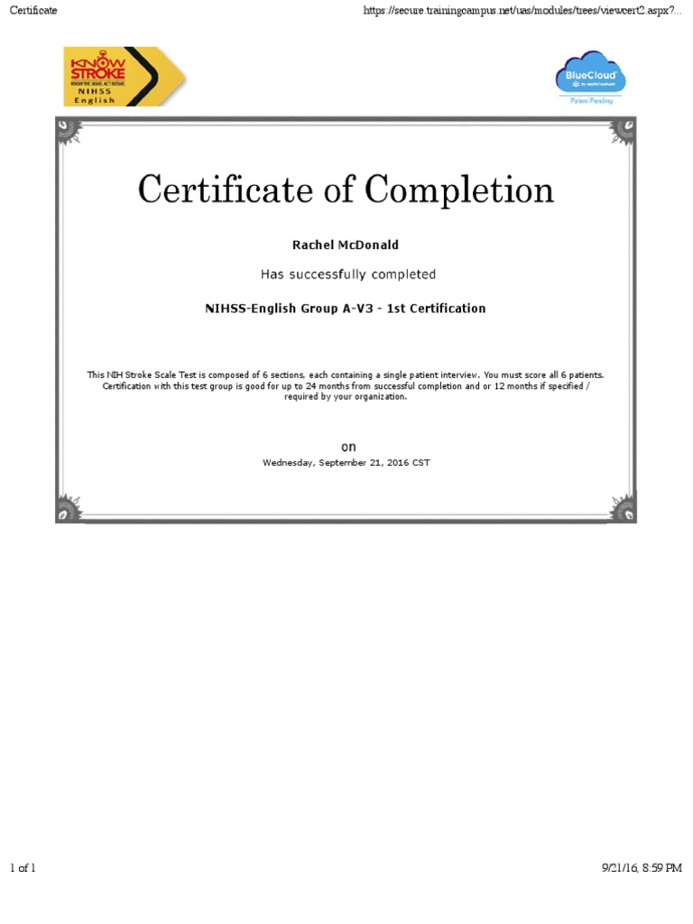 Certificate Nih Stroke Scale Health Sciences Wellness 5835