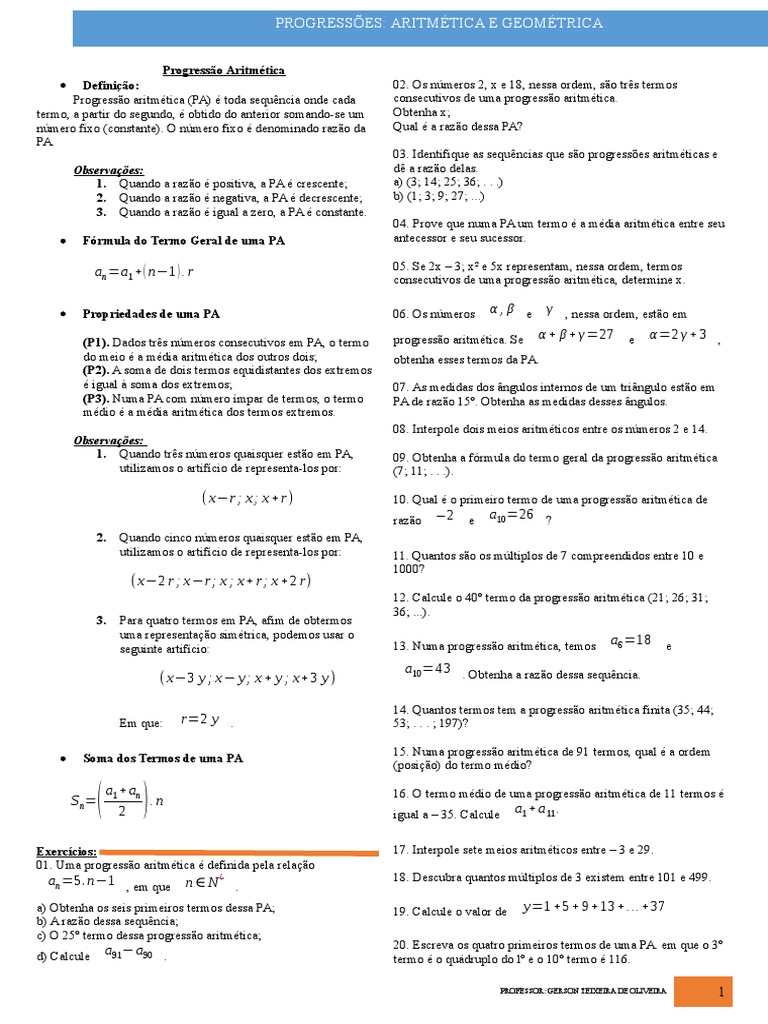 Progressão Aritmética e Progressão Geométrica