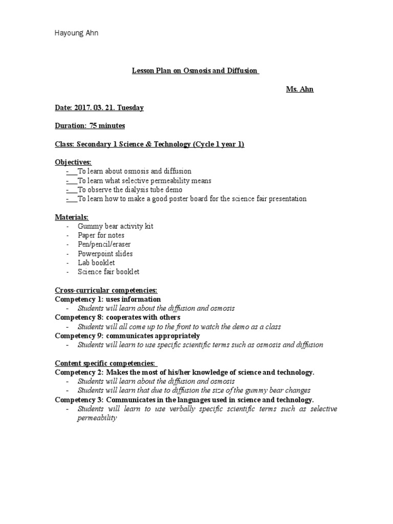 Lesson Plan For Diffusion and Osmosis | PDF | Osmosis | Educational ...