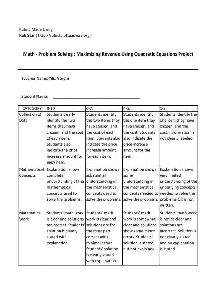 Project Rubric | Quadratic Equation | Physics & Mathematics