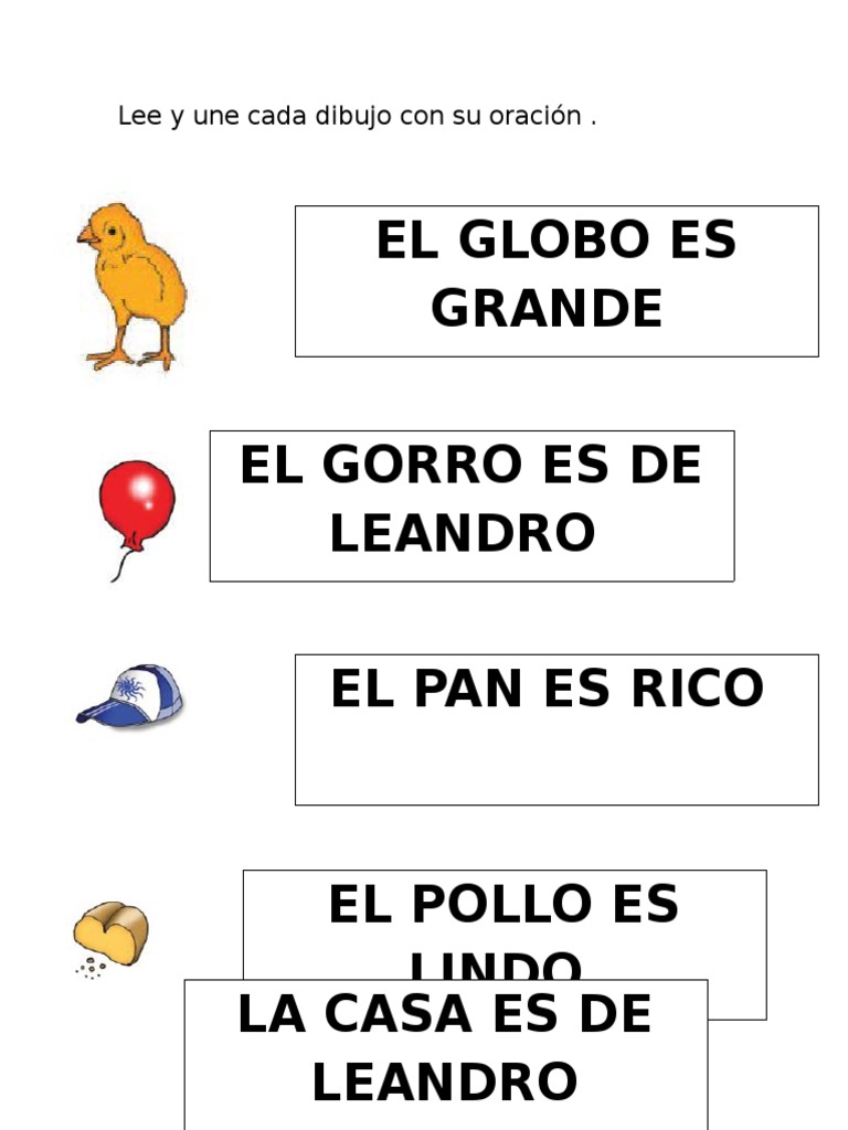 Lee y Une Cada Dibujo Con Su Oración PRUEBA LEANDRO LENGUAJE | PDF ...