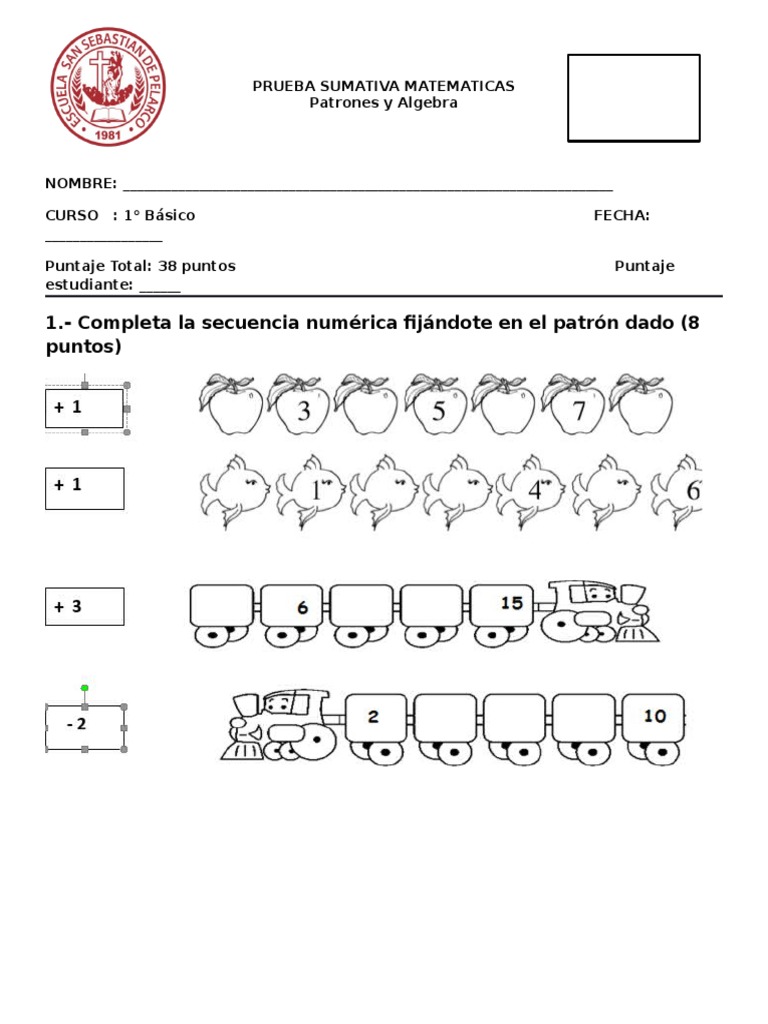 Prueba de Patrones y Álgebra 1° Básico | PDF