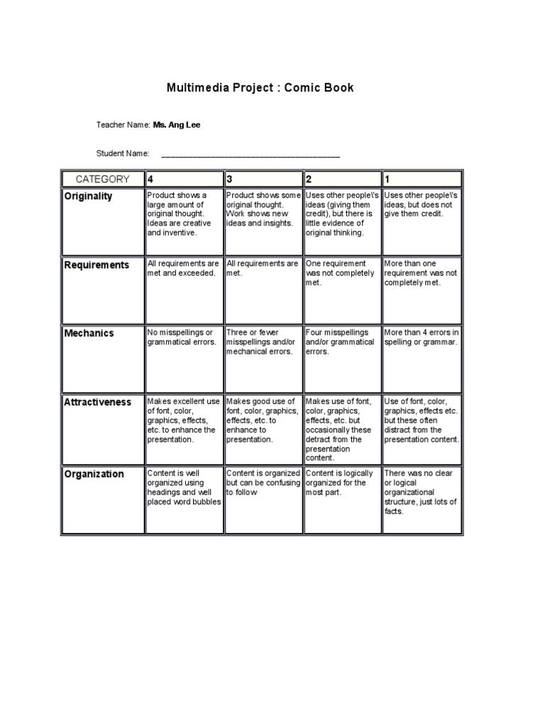 Comic Book Project Rubric | PDF | Career & Growth