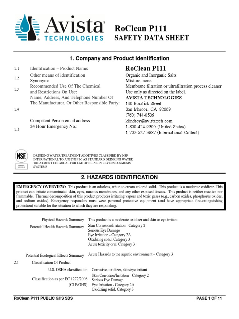 Roclean P111: Safety Data Sheet Safety Data Sheet | PDF