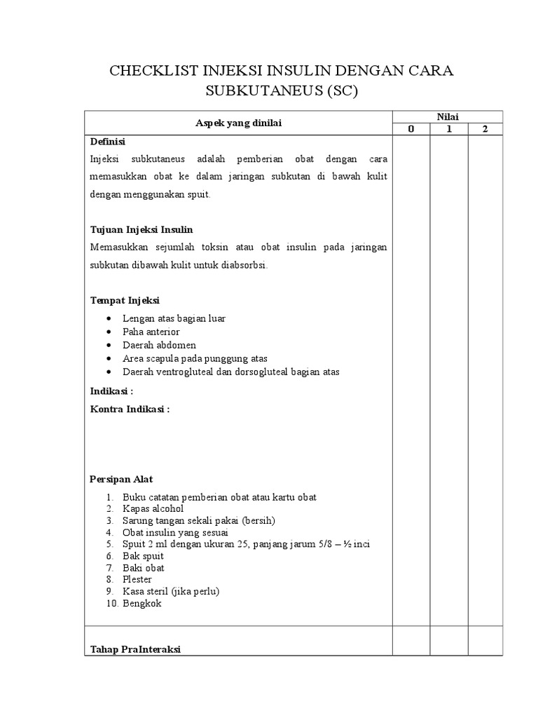 CHECKLIST Injeksi Insulin Per SC | PDF