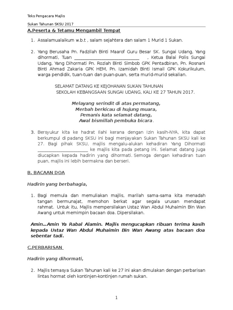 Teks MC Hari Sukan 2017 | PDF