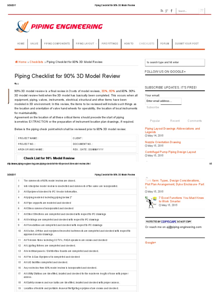 Piping Checklist for 90% 3D Model Review.pdf | Pipe (Fluid Conveyance ...