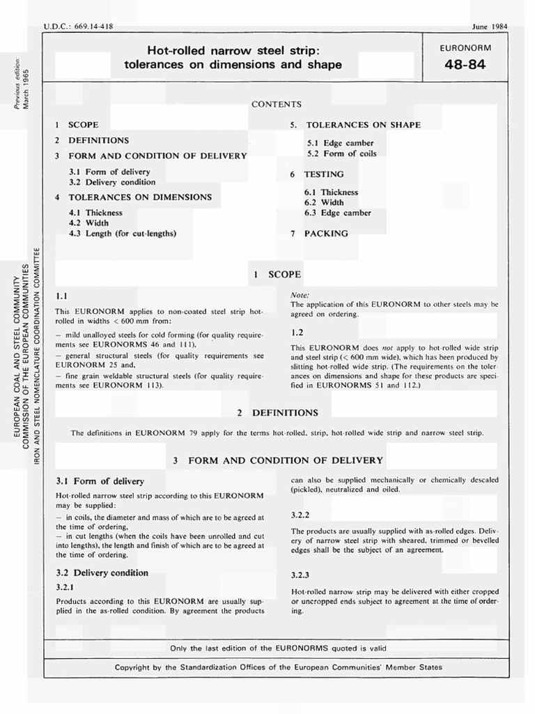 EURONORM 48 - 84 - Hot-Rolled Narrow Steel Strip - Tolerances On ...