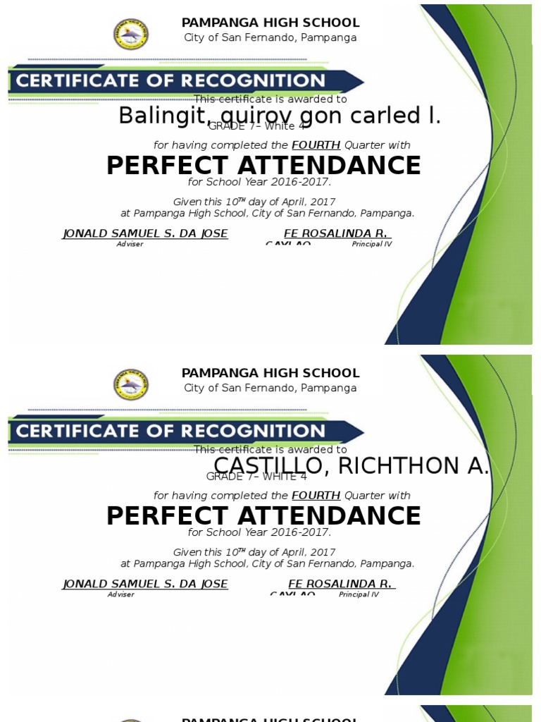 Template Certificateof Perfect Attendance Jonald | PDF | Wellness