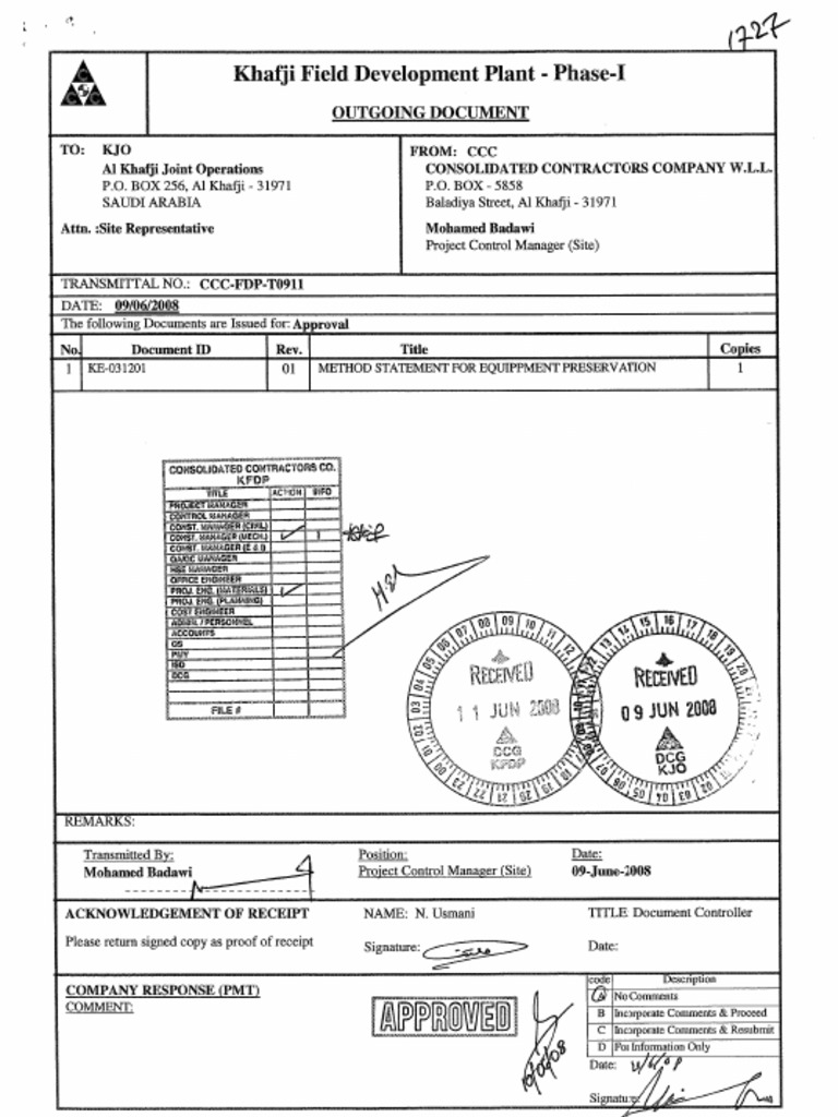 Equipment Preservation Method statement