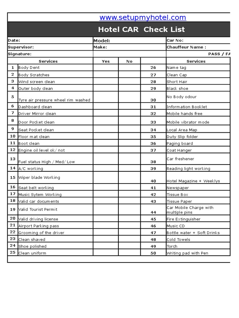 Hotel CAR - Limousine Checklist | PDF