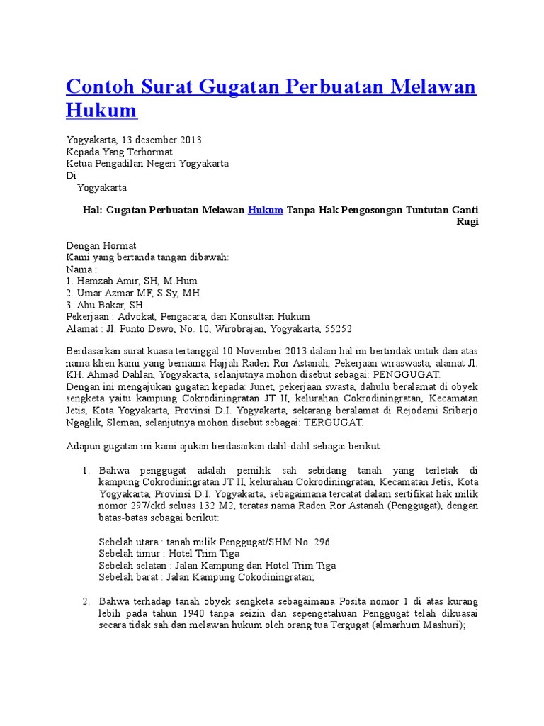 Contoh Surat Gugatan Perbuatan Melawan Hukum | PDF
