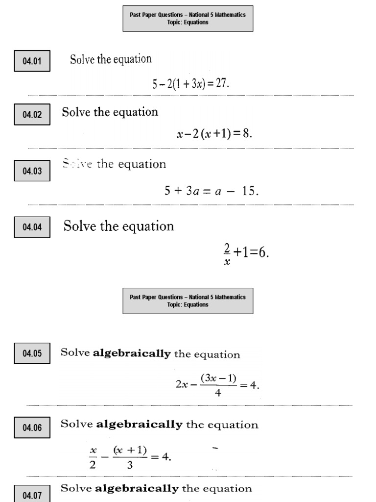 Past Paper Questions - National 5 Mathematics Topic: Equations | PDF
