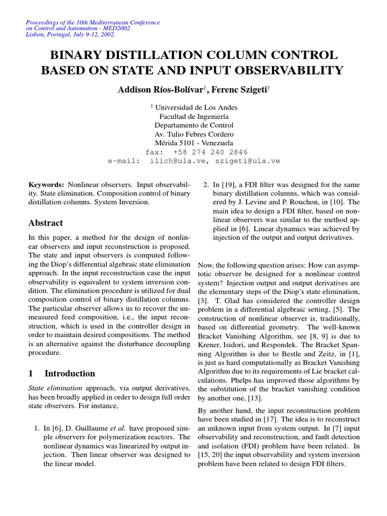 Binary Distillation Column Control Pdf Pdf Control Theory Nonlinear System