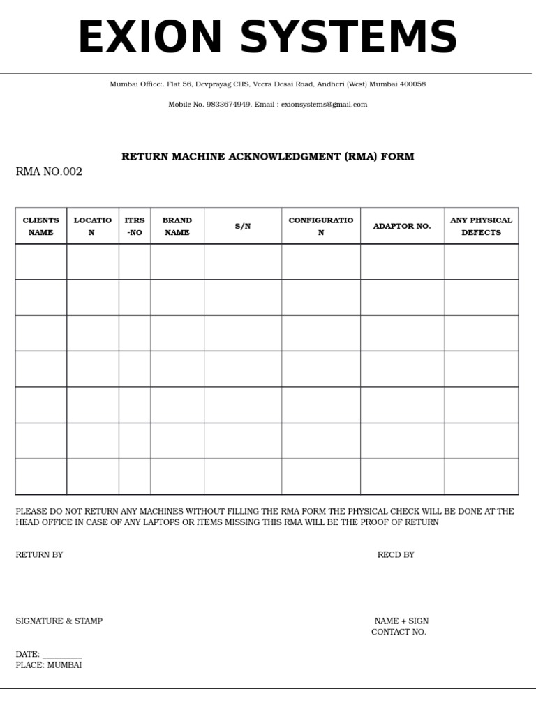 Return Machine Acknowledgment (Rma) Form | PDF
