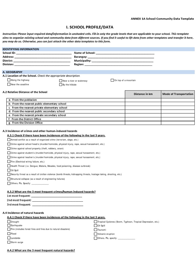 0 ANNEX 1A School‐Community Data Template.pdf | Natural Hazards ...