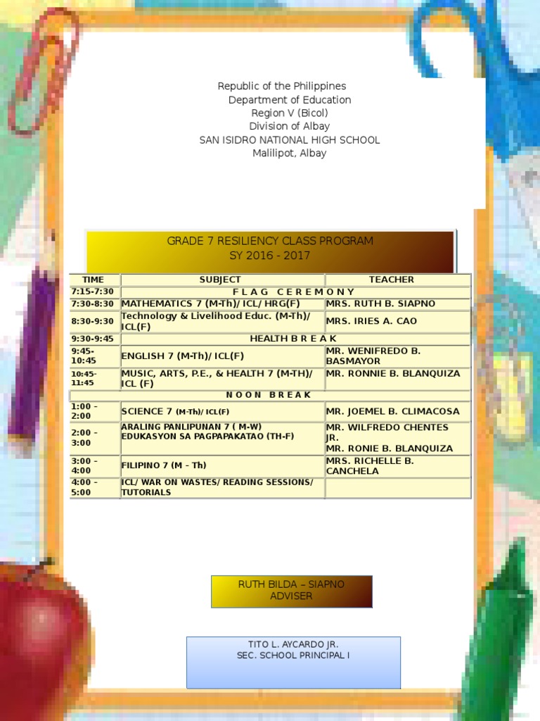 Grade 7 Class Schedule and Student List for San Isidro National High ...
