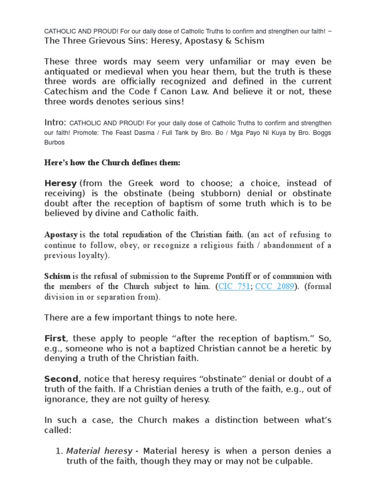 Understanding Apostasy, Heresy, and Schism | PDF | Heresy | Catholic Church