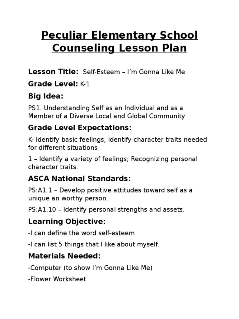 Peculiar Elementary School Counseling Lesson Plan: Lesson Title: Grade ...