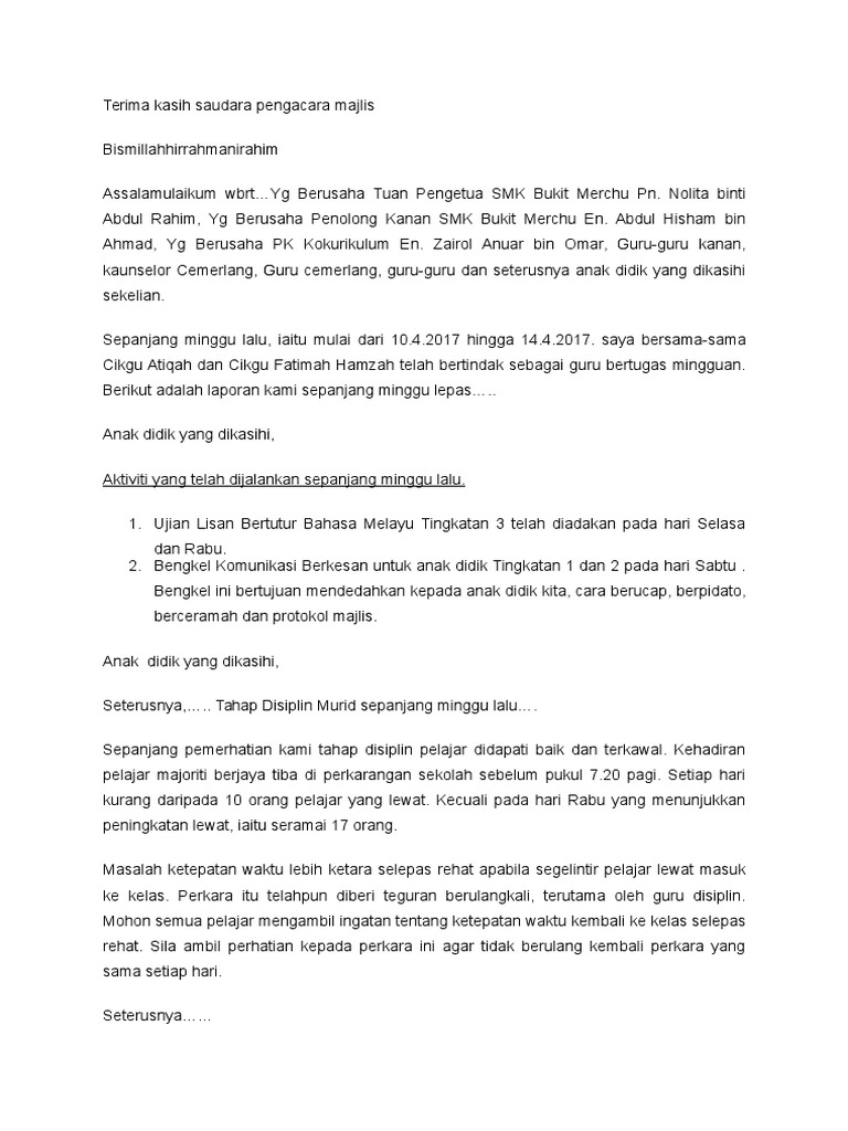 Ucapan Bertugas Mingguan | PDF