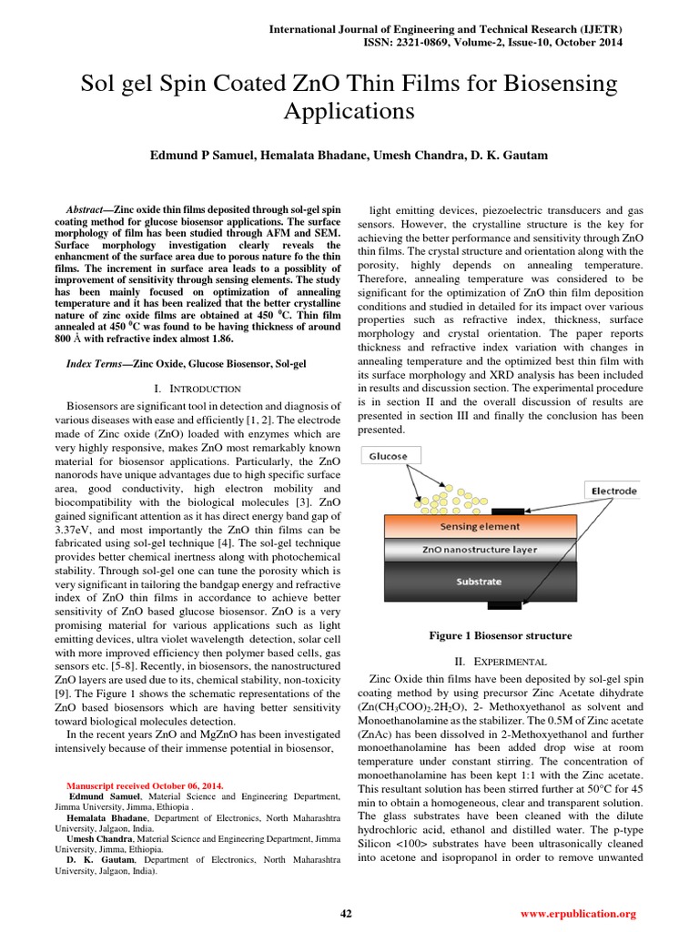 Sol Gel Spin Coated Zno Thin Films For Biosensing Applications | PDF