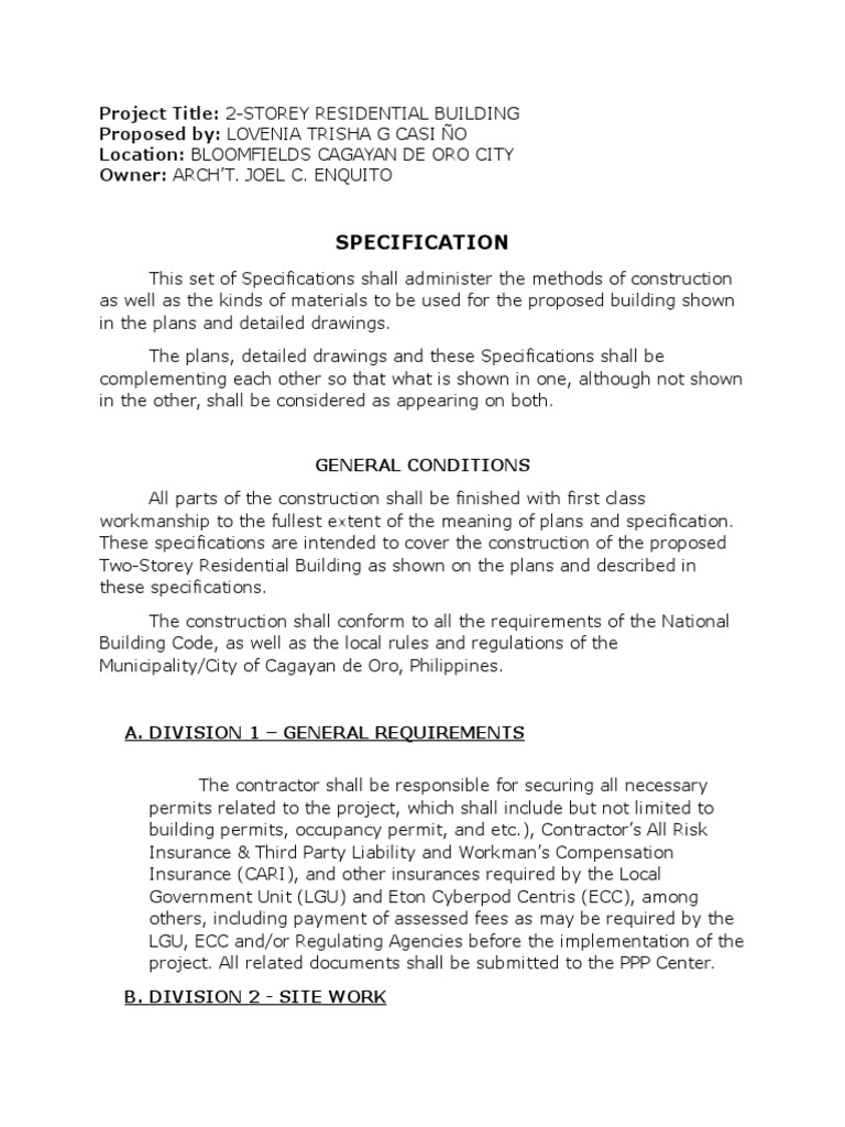 2-STOREY RESIDENTIAL BUILDING SPECIFICATIONS | PDF | Construction ...