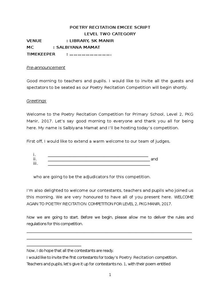 Announcing the Winners: Poetry Recitation Emcee Script for Level Two ...