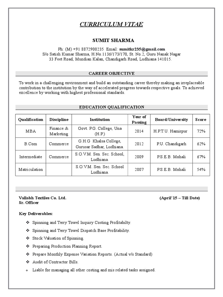 Curriculum Vitae: Sumit Sharma | PDF | Business