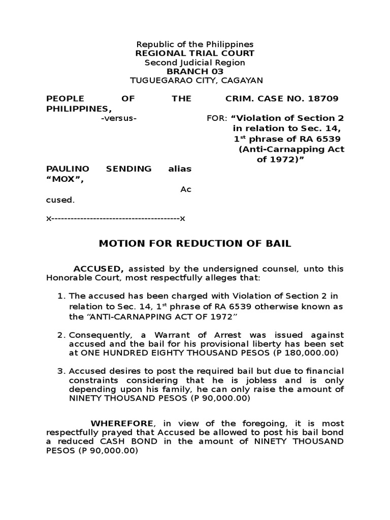PP Vs Sending Motion To Reduce Bail Carnapping | PDF | Bail | Legal ...