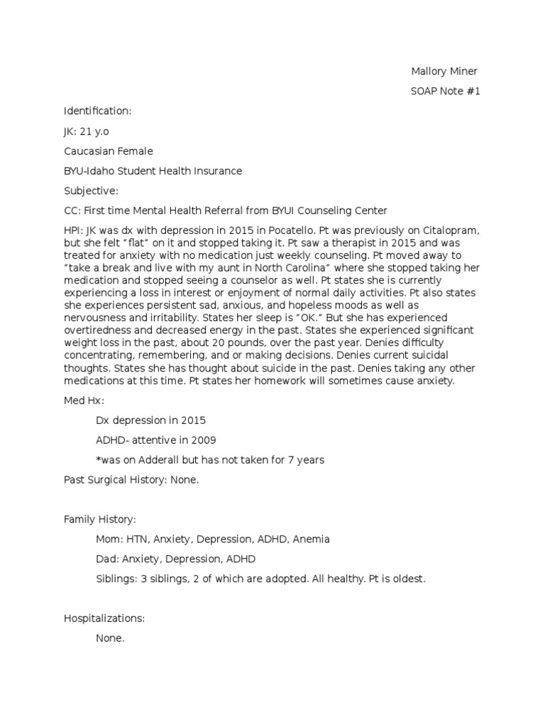Soap Note 1 Mminer Final 2 2 17 | PDF | Major Depressive Disorder | Anemia