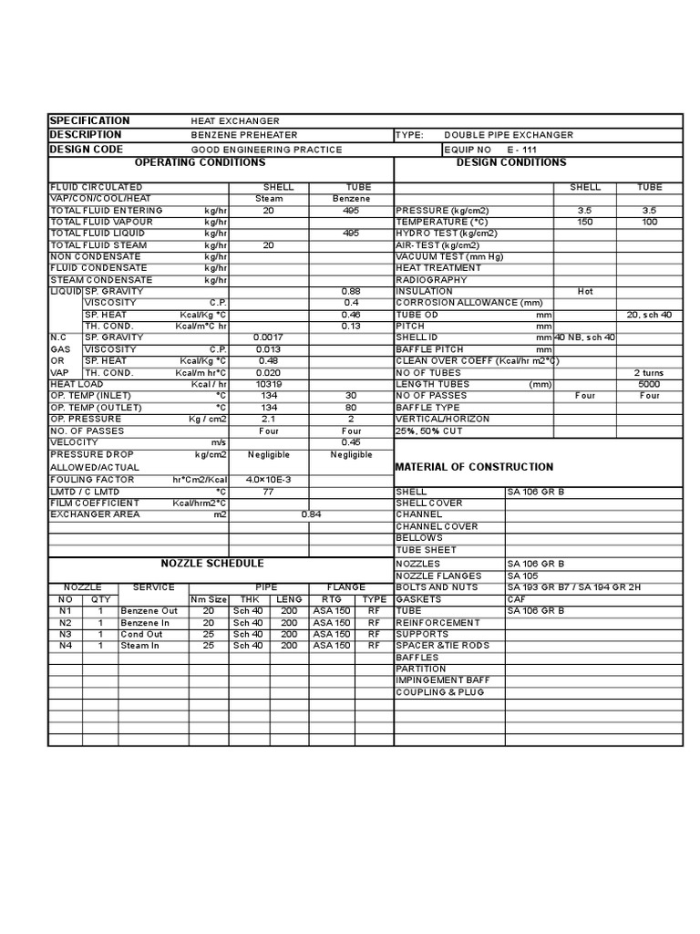 Benzene - Preheater Data Sheet | Download Free PDF | Heat Exchanger ...