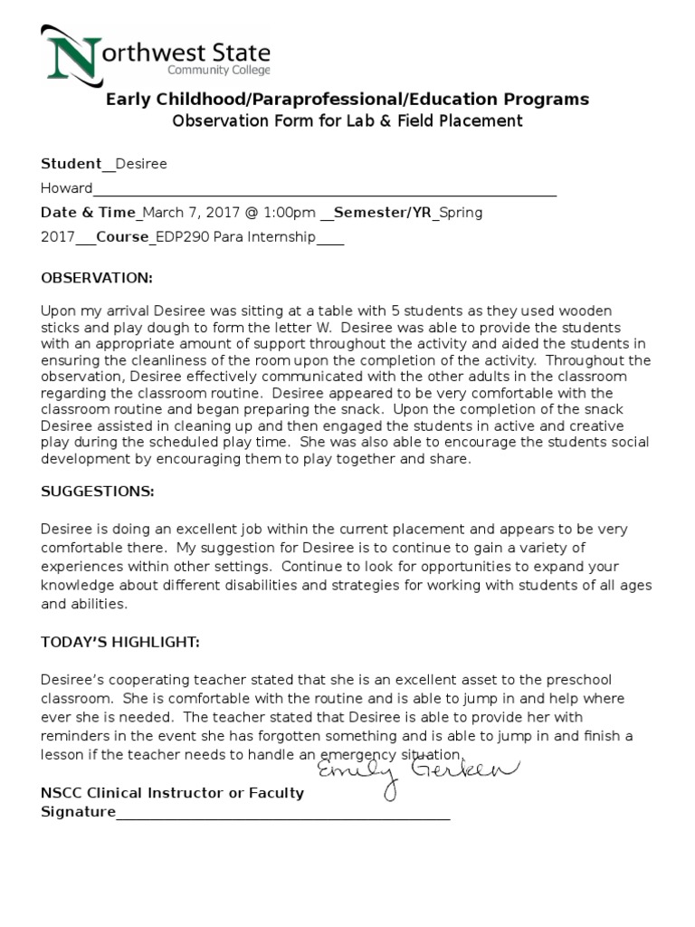 Early Childhood/Paraprofessional/Education Programs: Observation Form ...