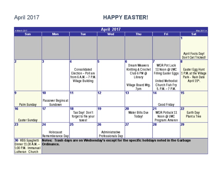 April 2017 Calendar | PDF | Easter | Observances
