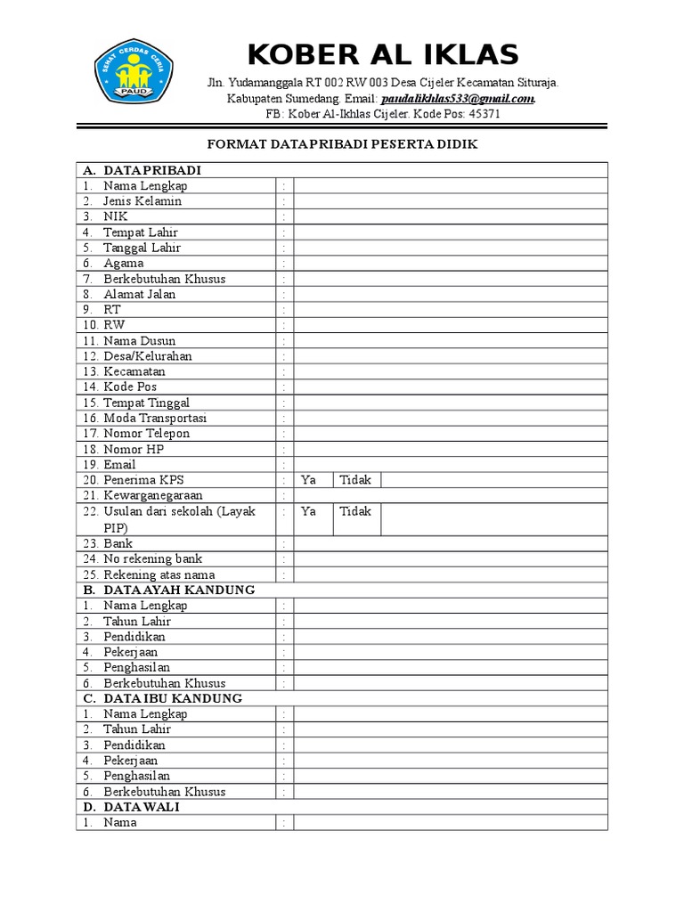 Contoh Format Data Pribadi Peserta Didik Lembaga Pendidikan Anak Usia ...