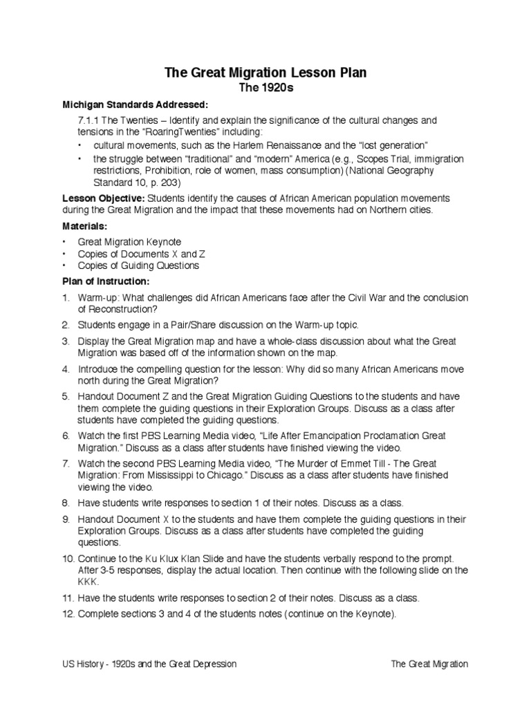 The Great Migration Complete Lesson Plan | PDF | Ku Klux Klan | Harlem ...