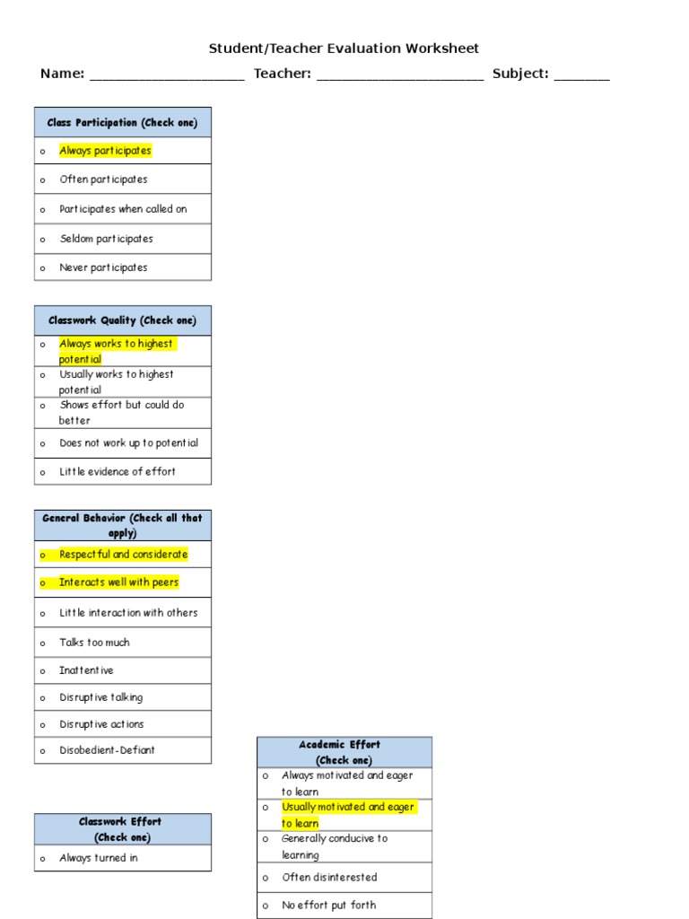 Student/Teacher Evaluation Form | PDF | Self-Improvement